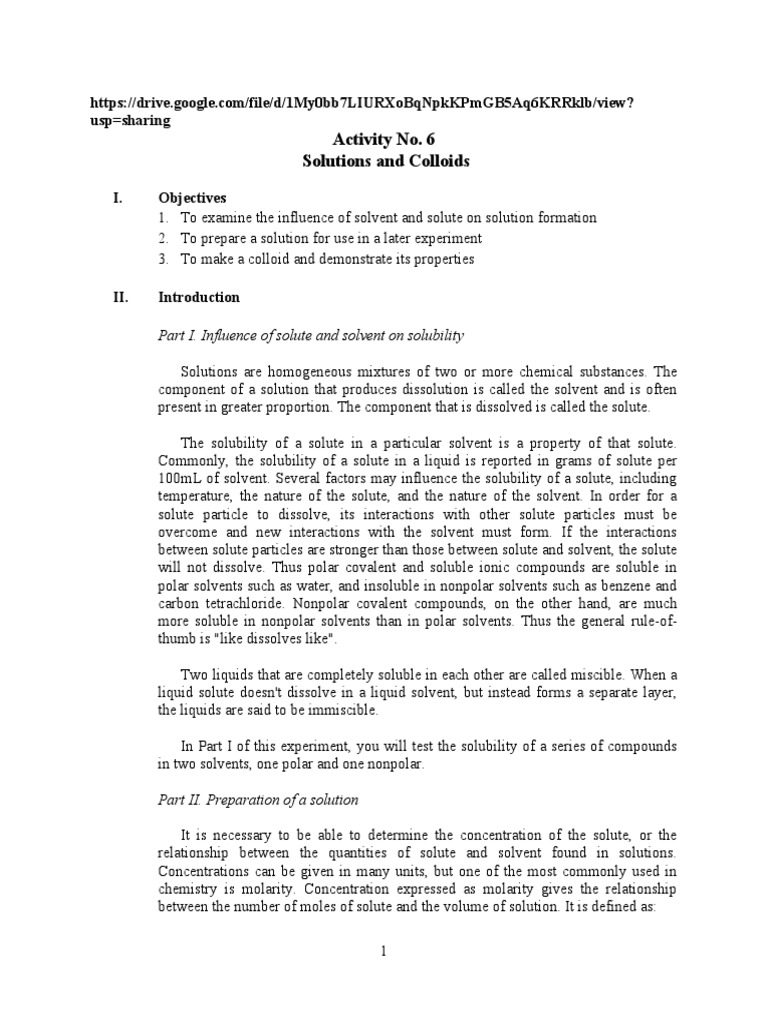 Lab 6 Solutions and Colloids | PDF | Solubility | Solvent