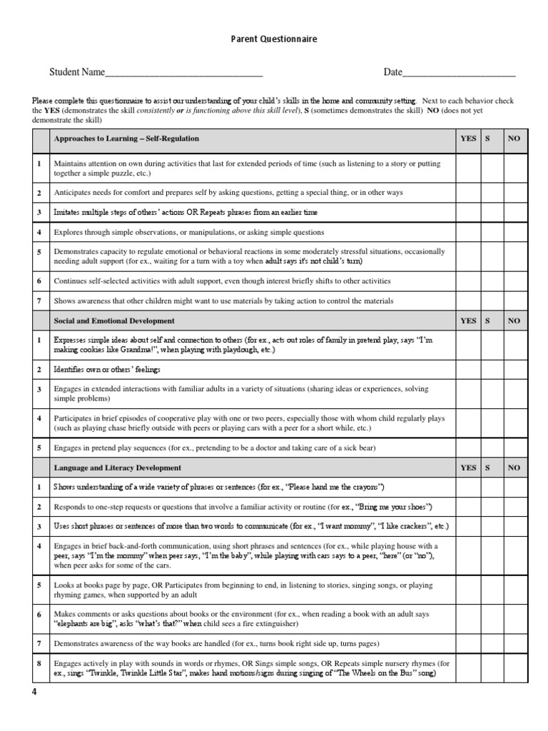 Parent Questionnaire For Development Progress | PDF | Emotional Self ...