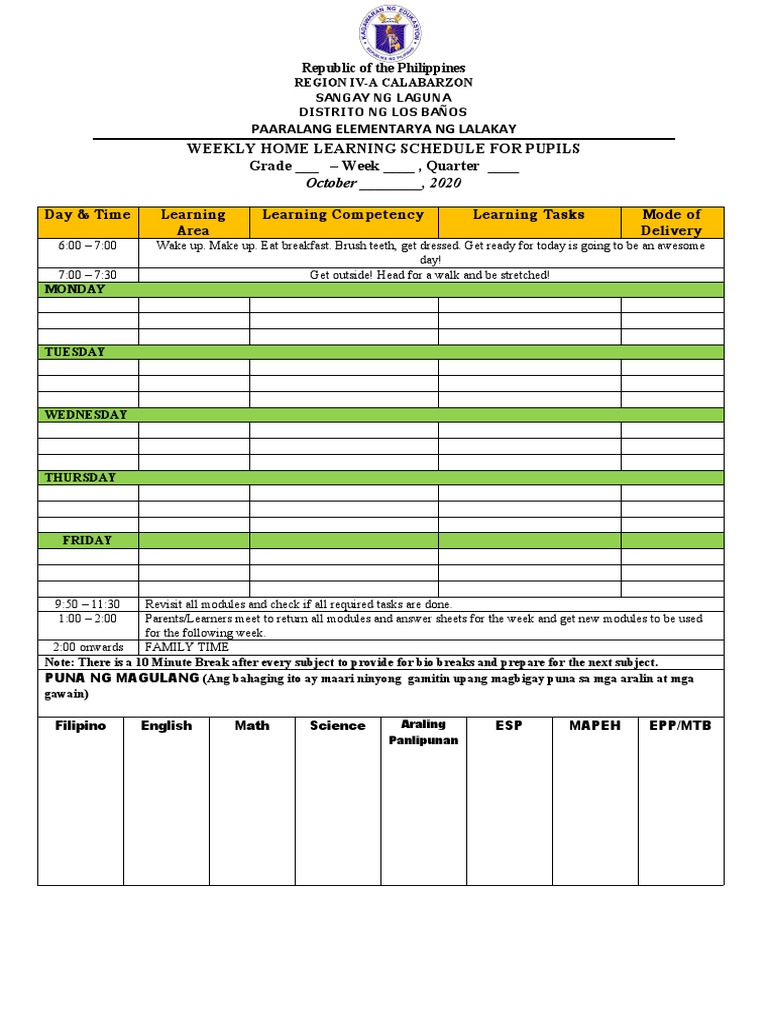 Weekly Learning Schedule for Pupils | PDF