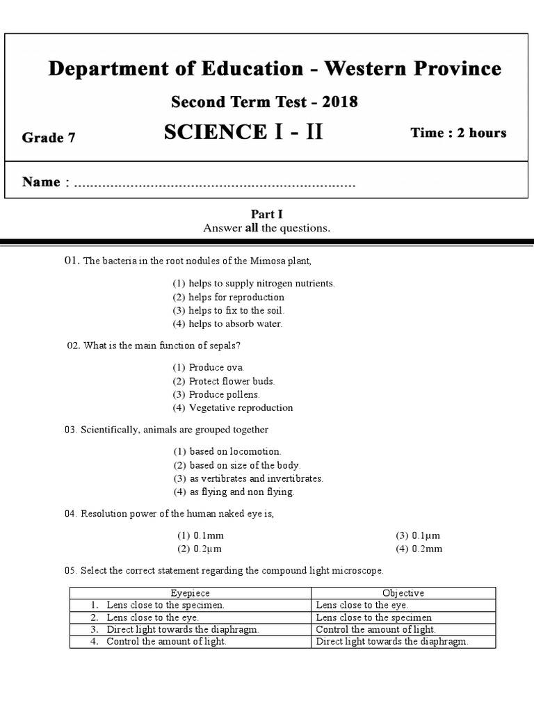 Grade 07 Science 2nd Term Test Paper 2018 English Medium Western ...
