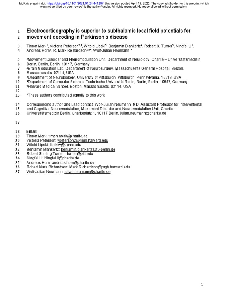 Electrocorticography Is Superior To Subthalamic Local Field Potentials For Movement Decoding in ...