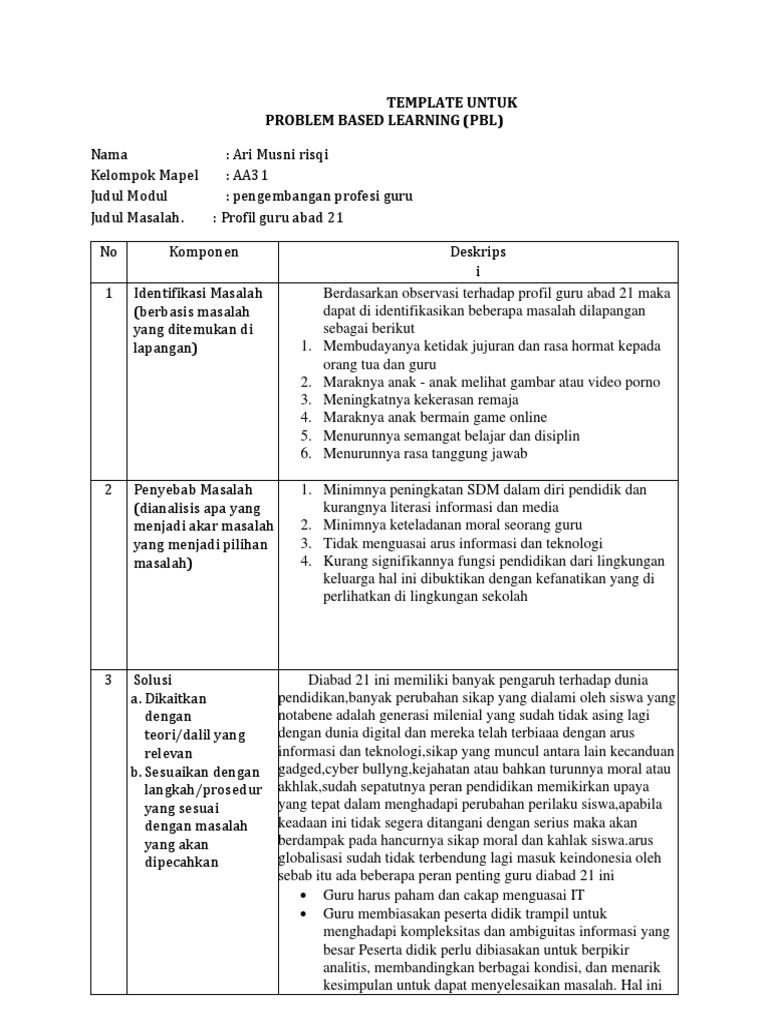 Template Untuk Problem Based Learning (PBL) | PDF