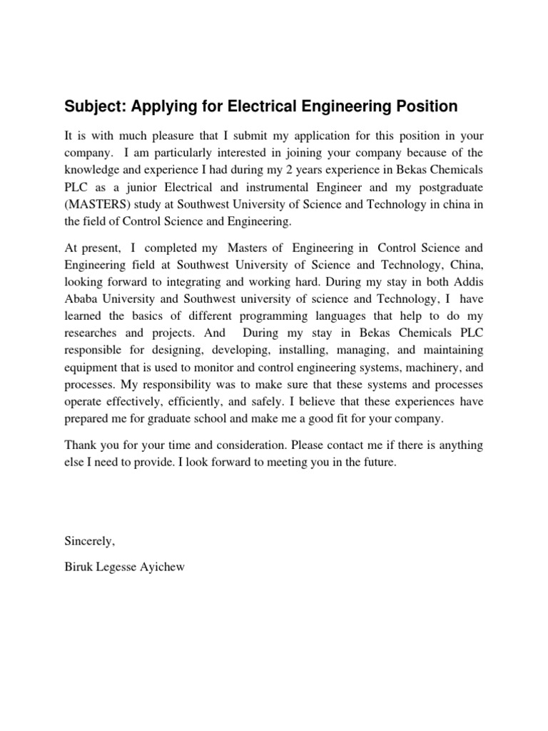 Application for Electrical Engineer Role | PDF | Engineering ...