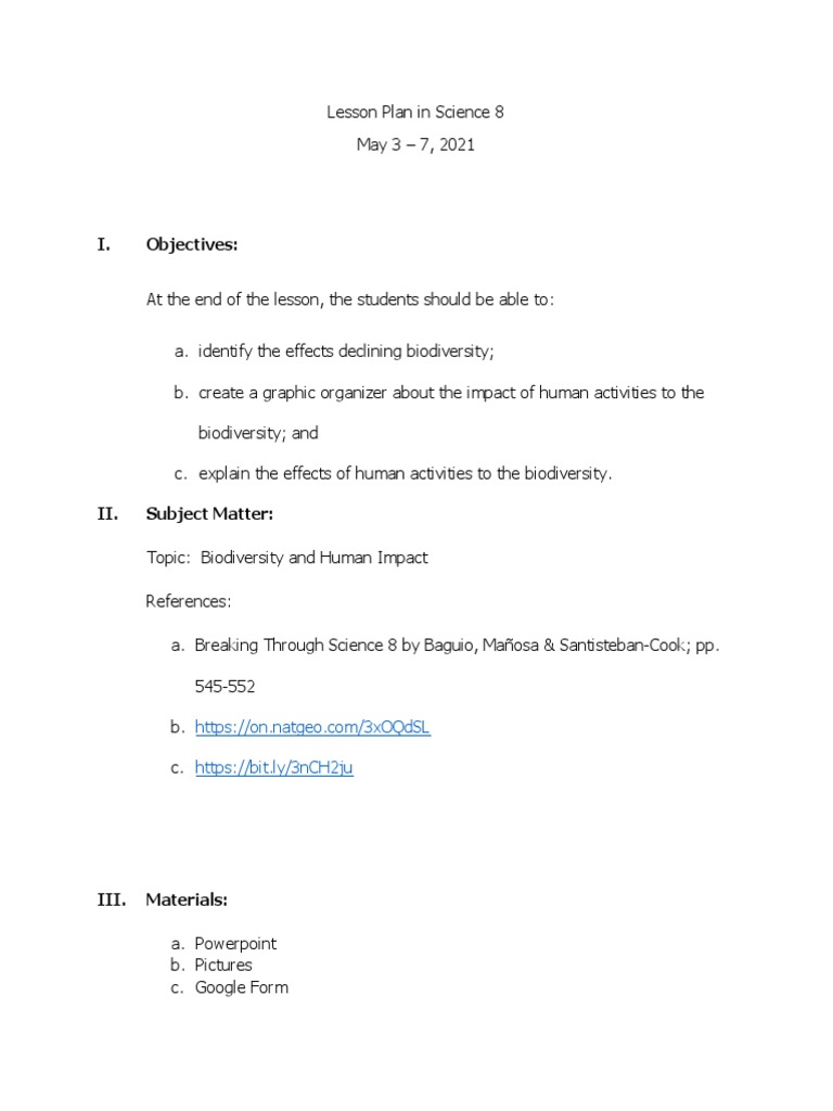 Lesson-Plan-in-Science-8 - Human Impact | PDF | Biodiversity | Agriculture