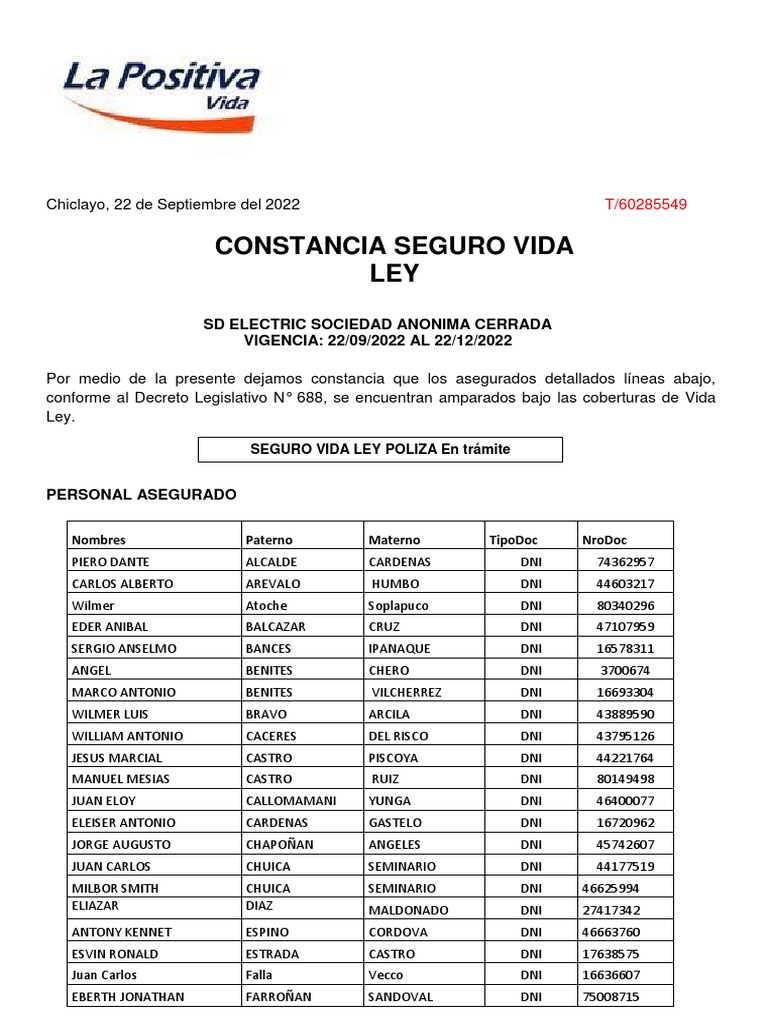 Constancia Vida Ley - SD Electric Sac Setiembre-2022 | PDF