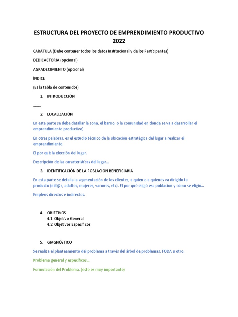 Estructura Del Proyecto de Emprendimiento Productivo 2022-1 | PDF ...