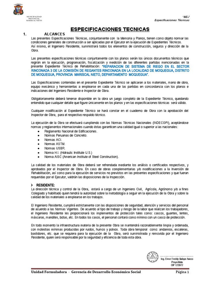 Esp Tecnicas Rinconada 03 Reformulado FINAL | PDF | Presupuesto ...