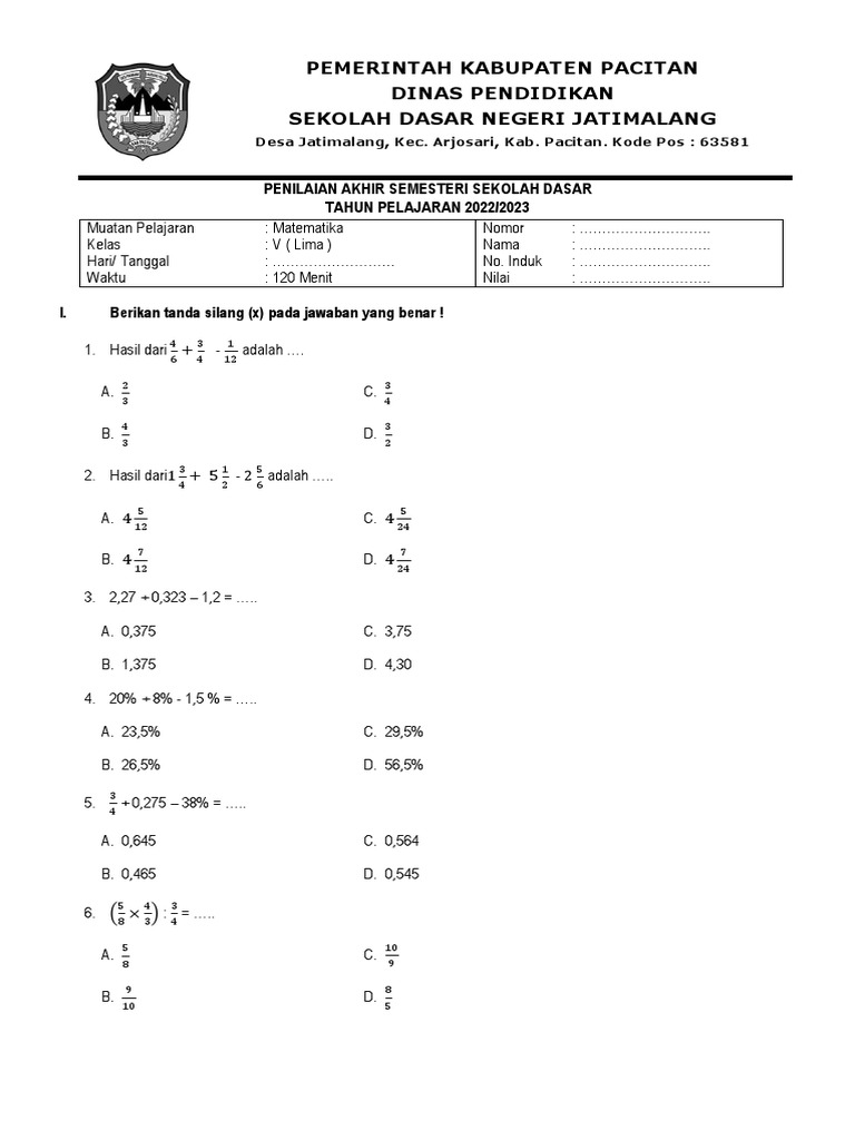 SOAL MTK PAS 1 KELAS 5 Fix - Edit UTS - Soal | PDF
