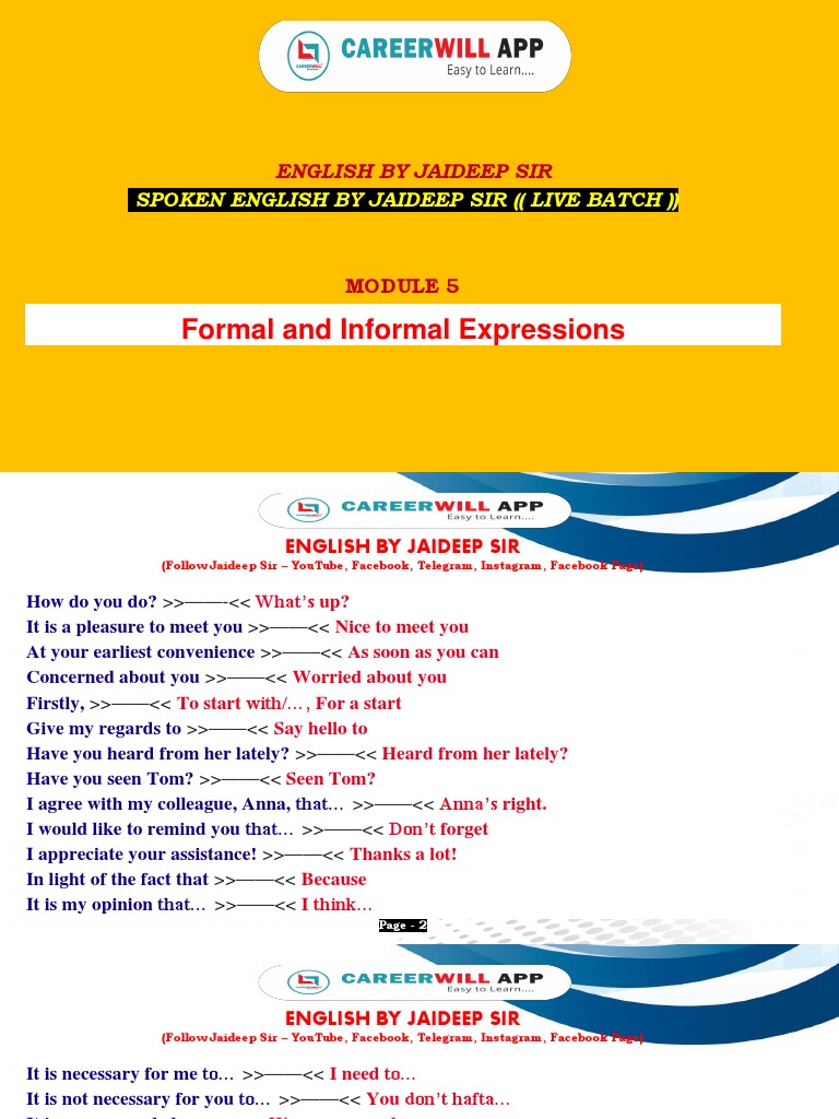 Formal and Informal Expressions: English by Jaideep Sir | PDF
