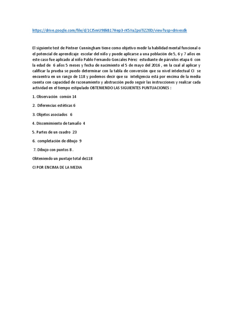 Resultados del Test Pintner Cunningham | PDF | Crecimiento personal y ...