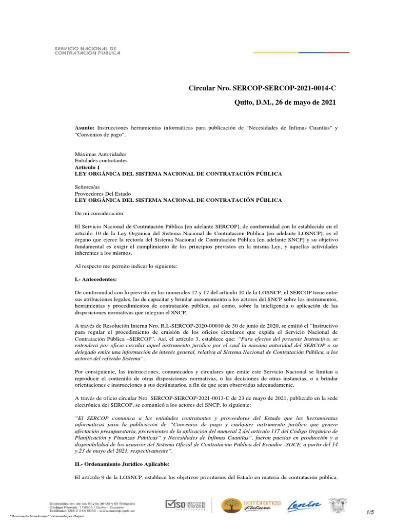 Sercop Sercop 2021 0014 C Instructivo Herramienta Infima Cuantia | PDF ...