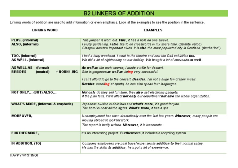 b2 Linkers of Addition | PDF | Cognition | Languages