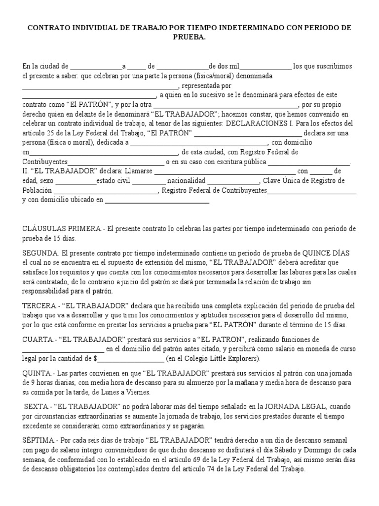 Contrato Individual de Trabajo Por Tiempo Indeterminado Con Periodo de Prueba | PDF | Tiempo de ...