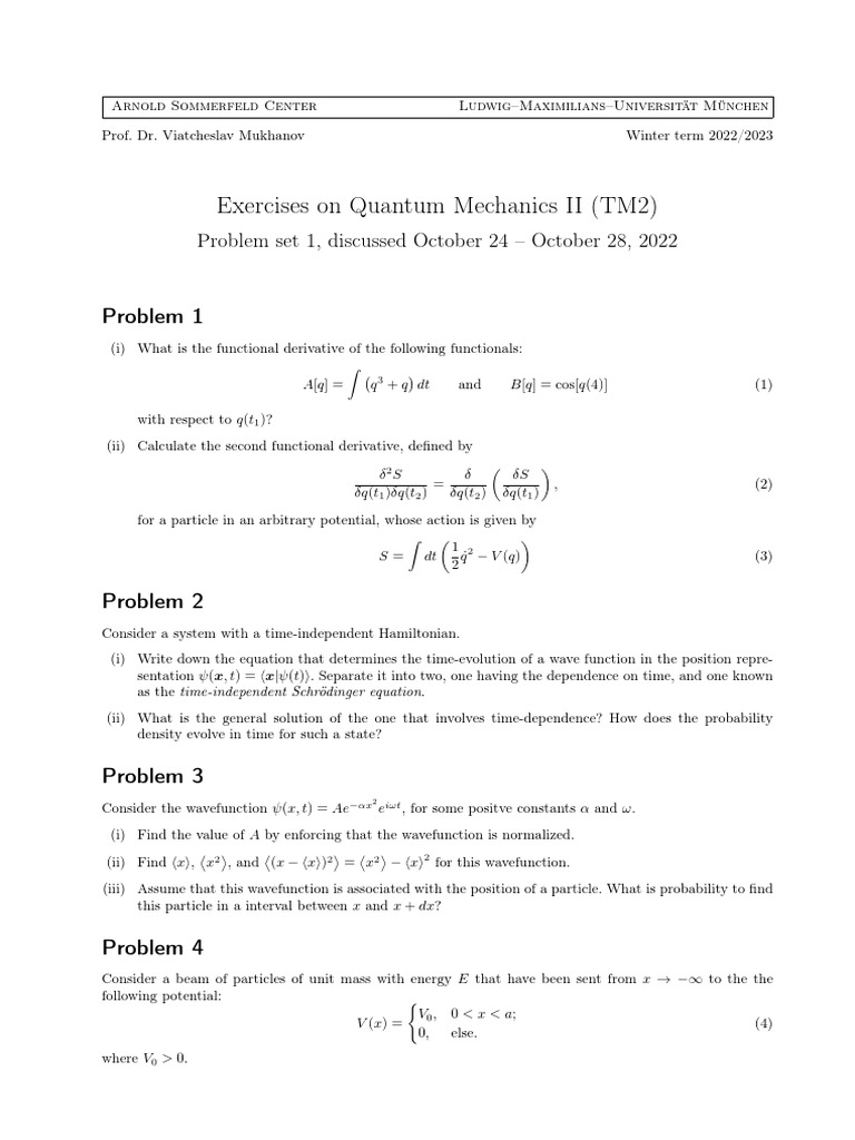 Exercises On Quantum Mechanics II (TM2) : Problem Set 1, Discussed October 24 - October 28, 2022 ...