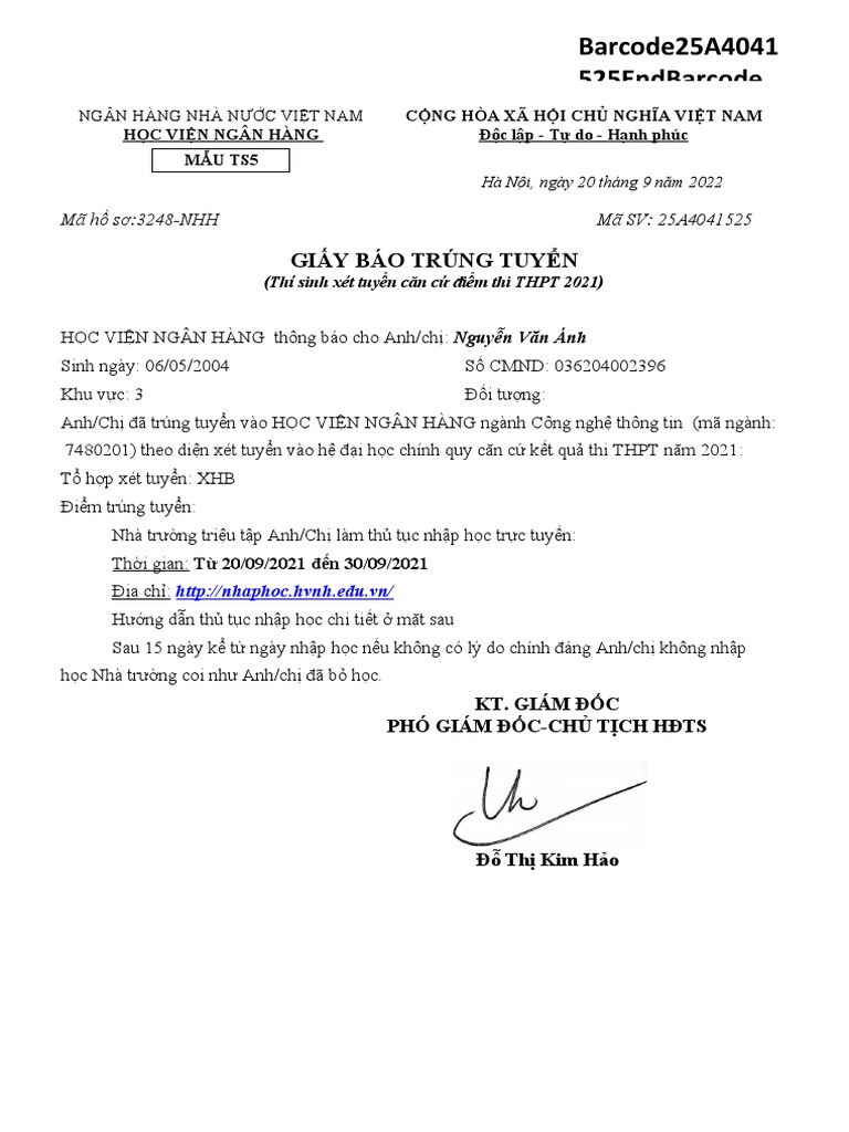 Giấy báo nhập học thi THPT | PDF