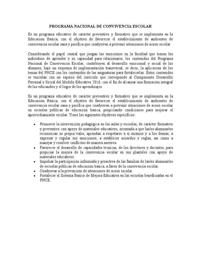 Programa Nacional de Convivencia Escolar | PDF