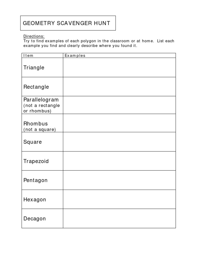 Geometry Scavenger Hunt Guide | PDF | Rectangle | Shape