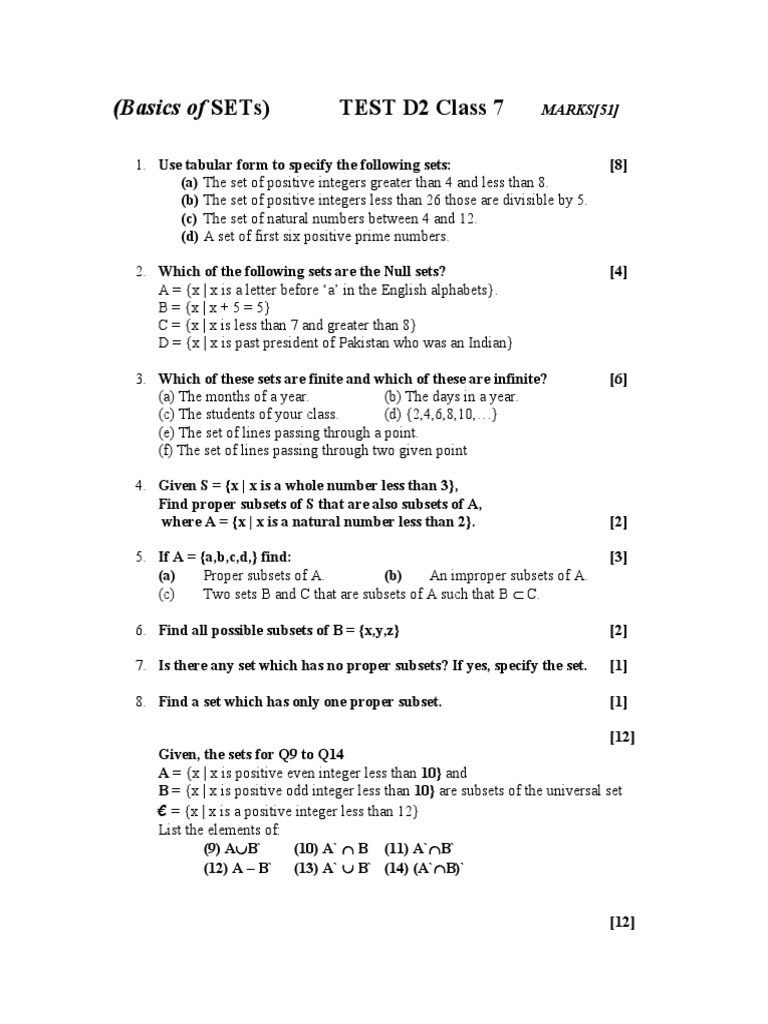 Basics of SETs TEST D2 Class 7 MARKS | PDF | Numbers | Algebra