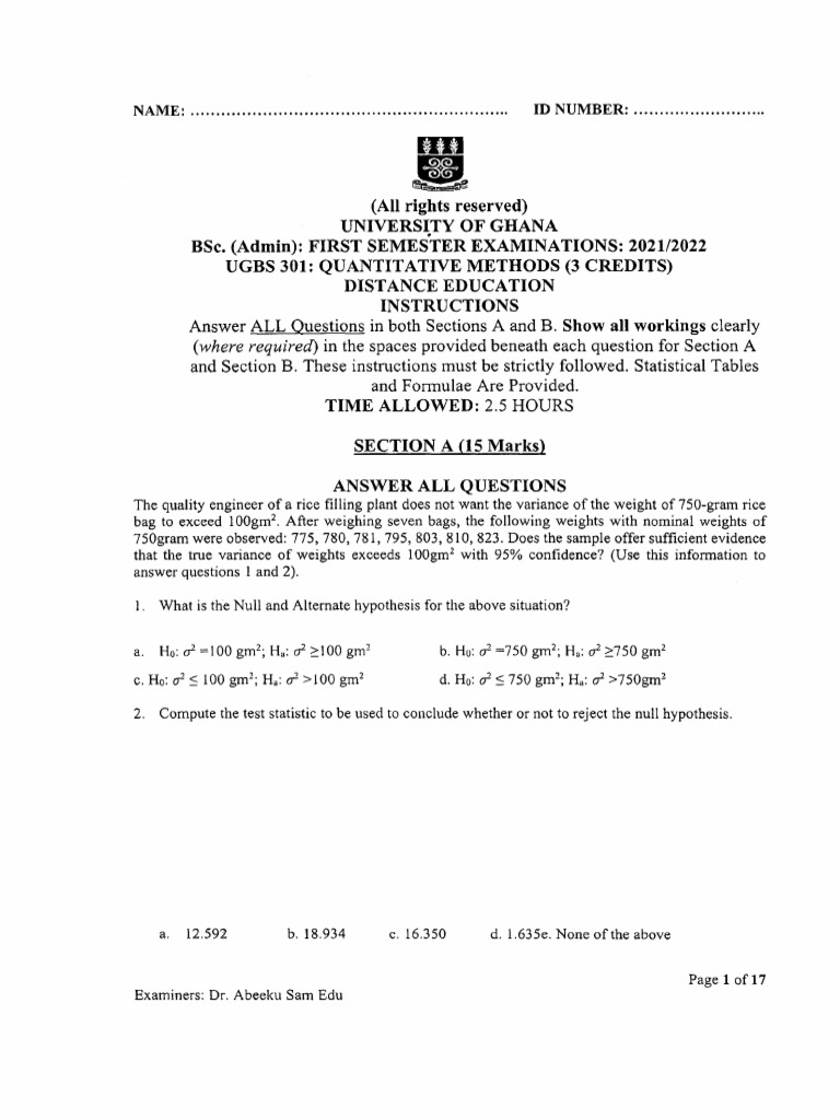 Quantitative Methods Past Question | PDF | Statistics | Null Hypothesis