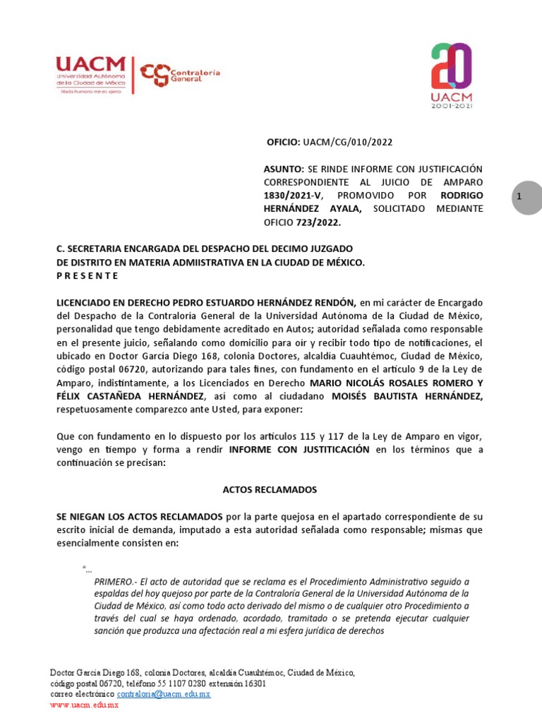 Informe Justificado CONTRALOR 1830-2021-V | PDF | Ciudad de México | México