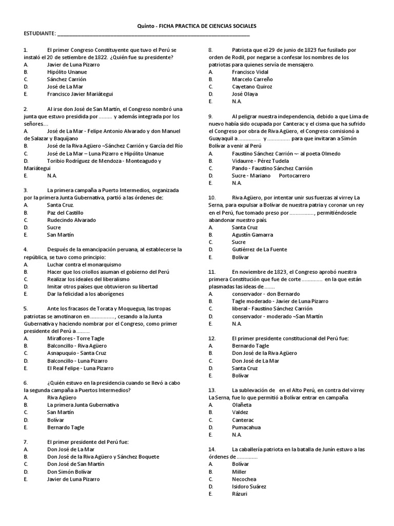Quinto Ficha Practica de Ciencias Sociales Cuarto | PDF | Perú ...