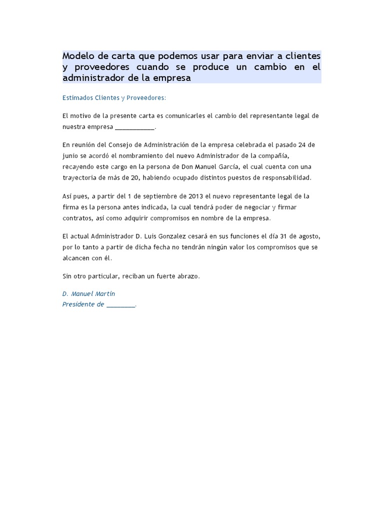 Modelo de Carta Que Podemos Usar para Enviar A Clientes y Proveedores ...