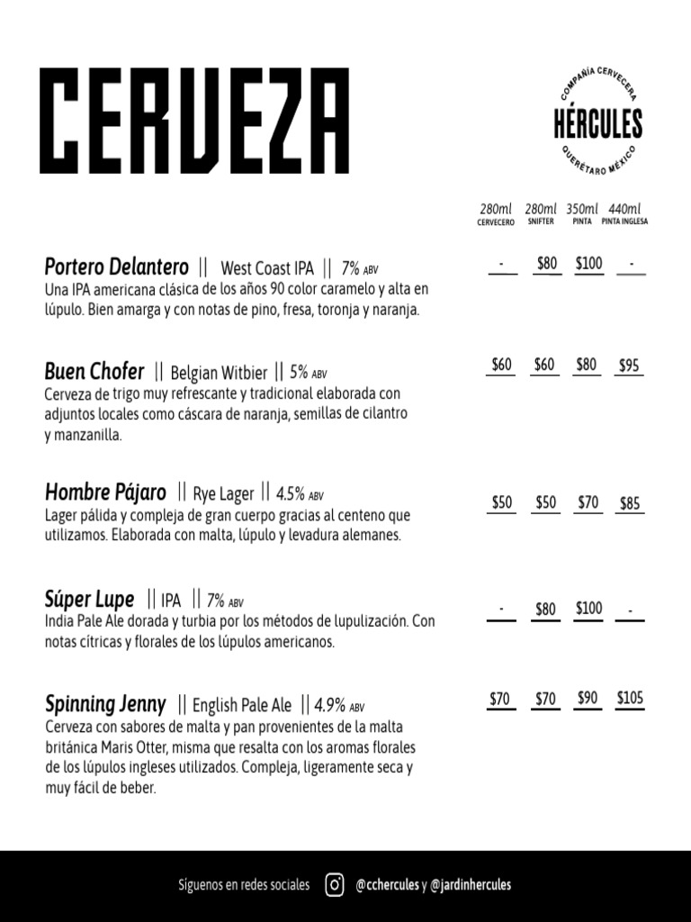 Menú Cervecería Hércules Querétaro | PDF | Cerveza inglesa | Pancho