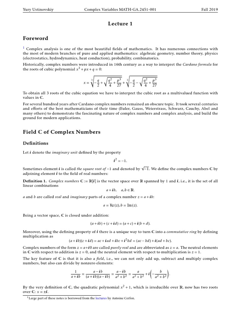 Lecture 1 | Pdf | Complex Number | Numbers