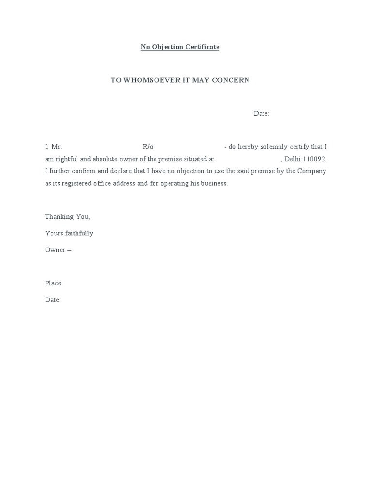 Request for No Objection Certificate to Use Premises as Registered ...
