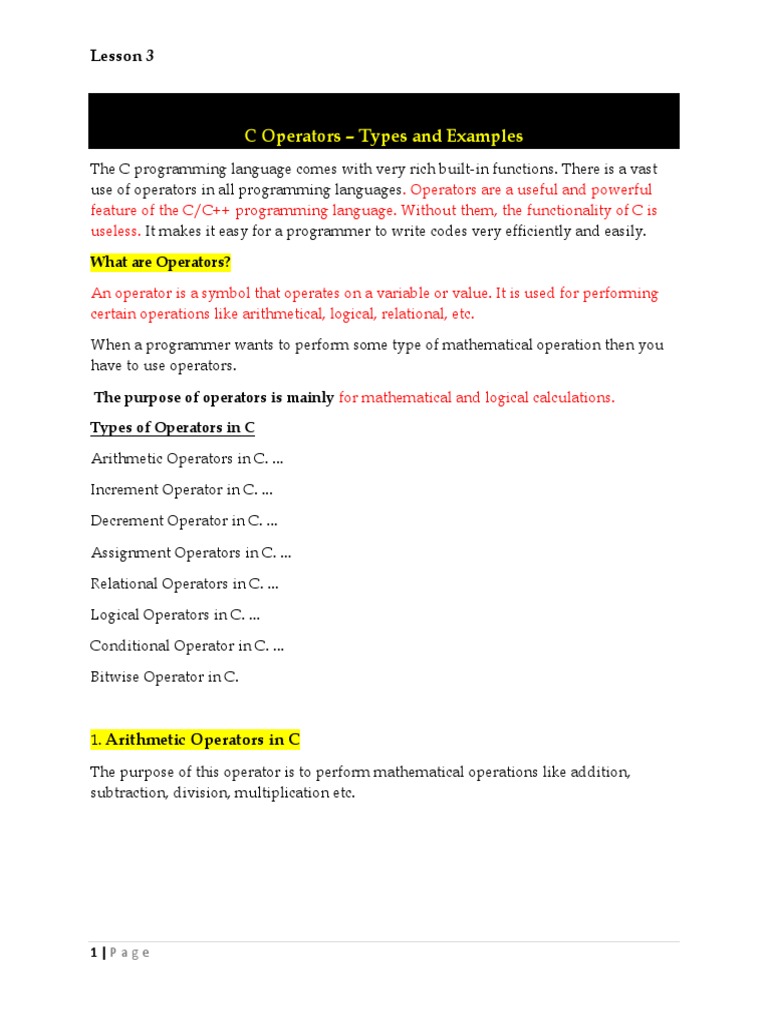 Lesson 3 C Operators | PDF | Variable (Computer Science) | C ... Lesson 3 C Operators | PDF | Variable (Computer Science) | C ...
