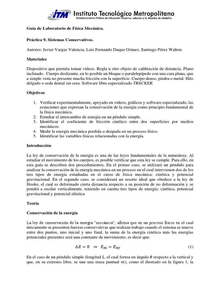 Guia 9 de Laboratorio de Física Mecanica-ITM | PDF | Péndulo | Física Aplicada e Interdisciplinaria