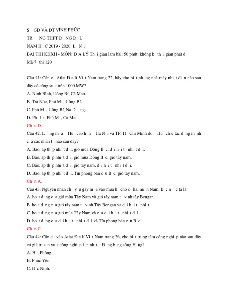 De Thi Thu THPT Nam 2020 Mon Dia Li - Truong THPT Dong Dau - Vinh Phuc-Lan 1 | PDF