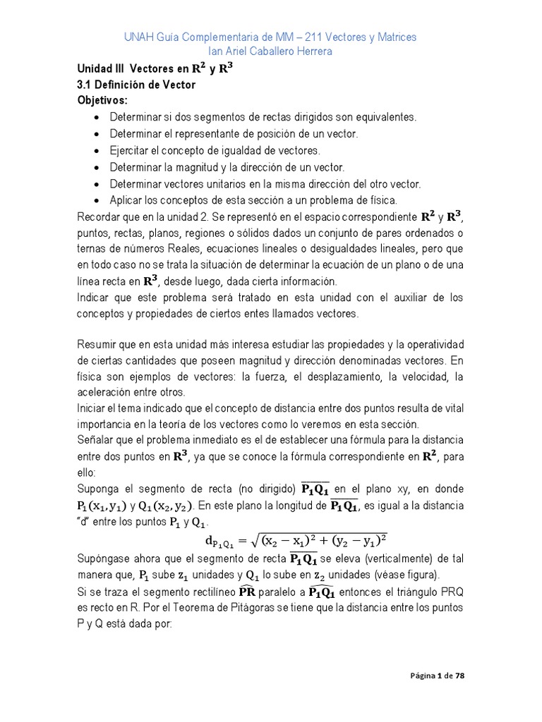 MM 211 Vectores y Matrices Unidad III Vectores en R 2 y R 3 | PDF | Vector Euclidiano | Espacio ...