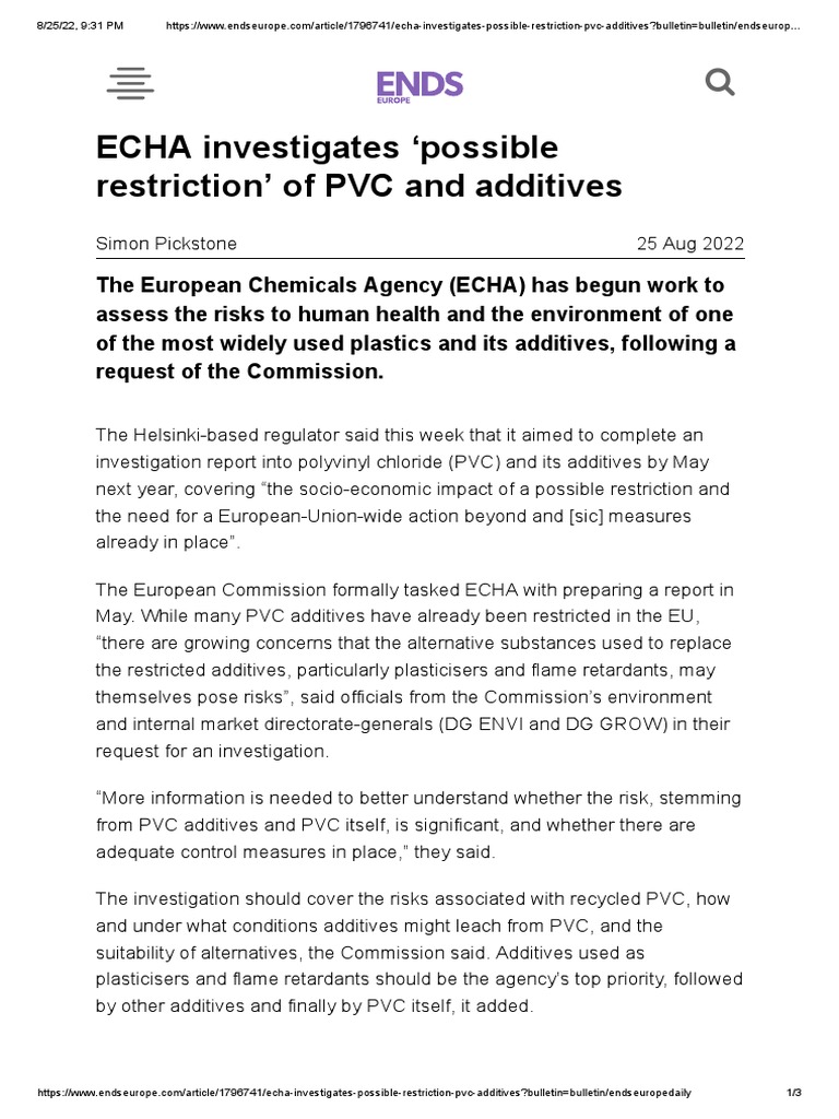 Echa Investigates Possible Restriction PVC Additives | PDF | Polyvinyl ...
