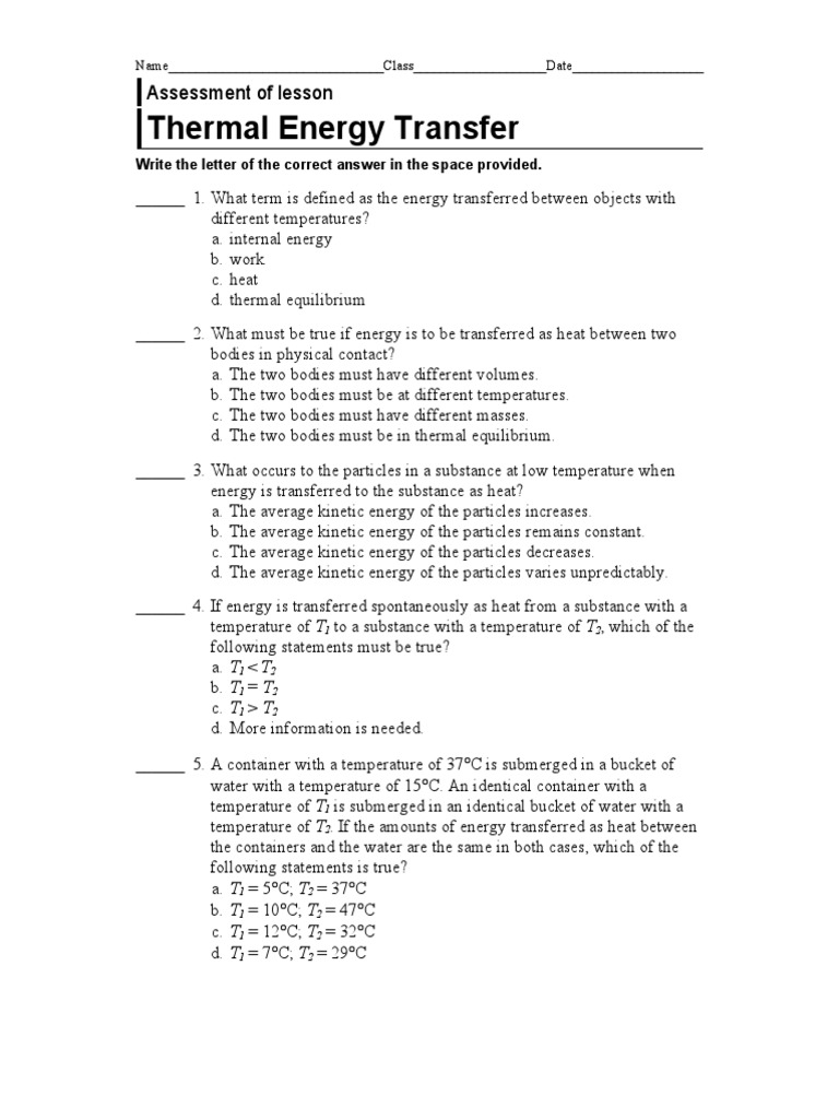 Thermal Energy Transfer Assessment | PDF | Heat | Temperature