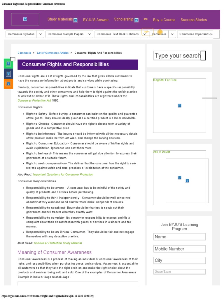 Consumer Rights and Responsibilities Consumer Awareness | PDF | Consumer Protection | Consumer ...