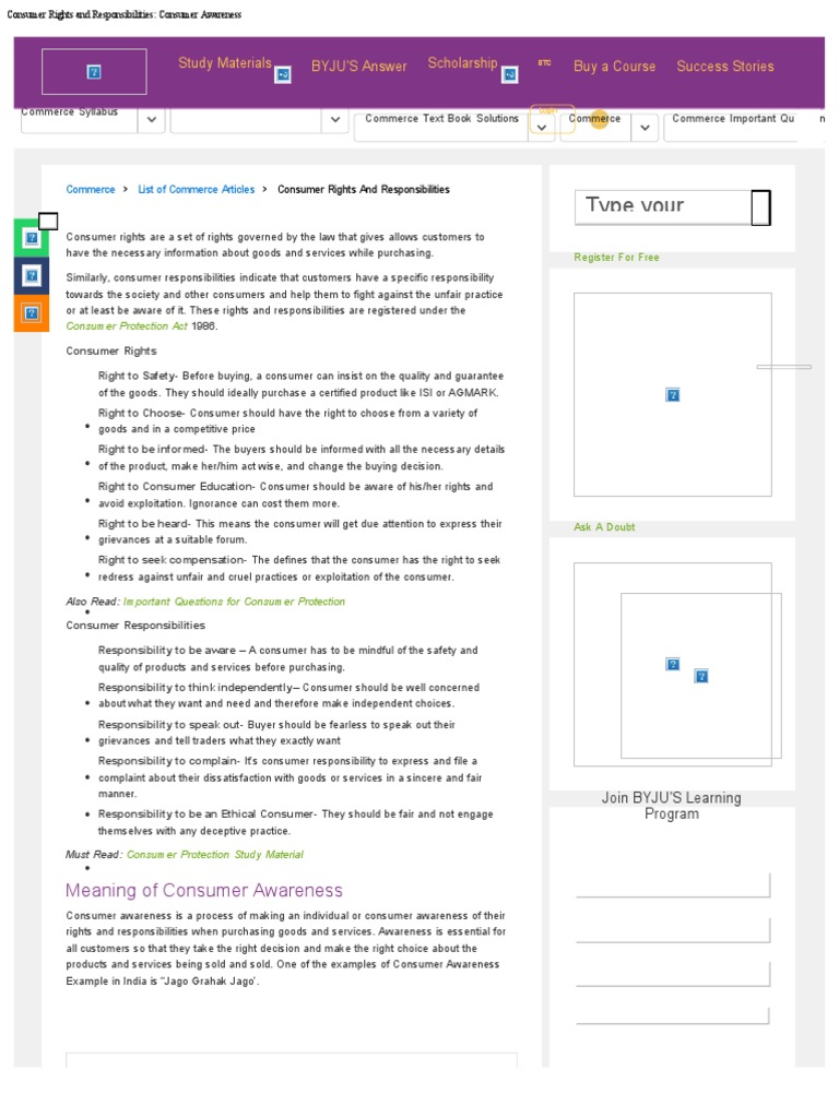 Consumer Rights and Responsibilities Consumer Awareness | PDF | Area ...