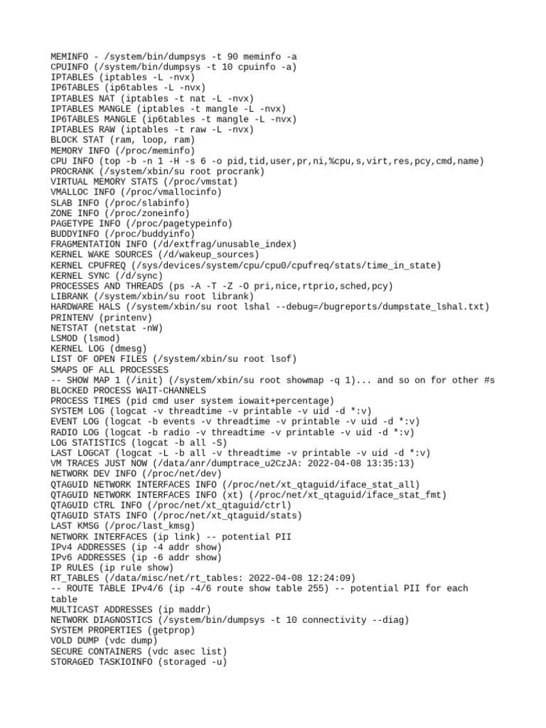 Comprehensive System Diagnostics Report Capturing Key Android System Metrics, Configurations and ...