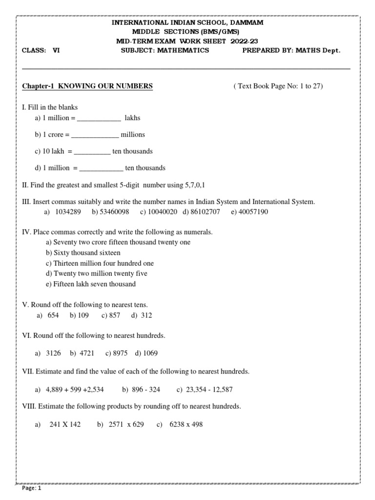 Class 6 Mathematics Worksheet | PDF | Triangle | Circle