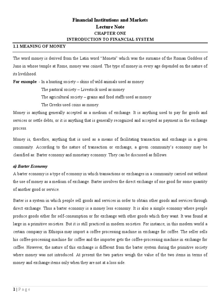 Financial Institutions and Markets Lecture Note: Chapter One ...