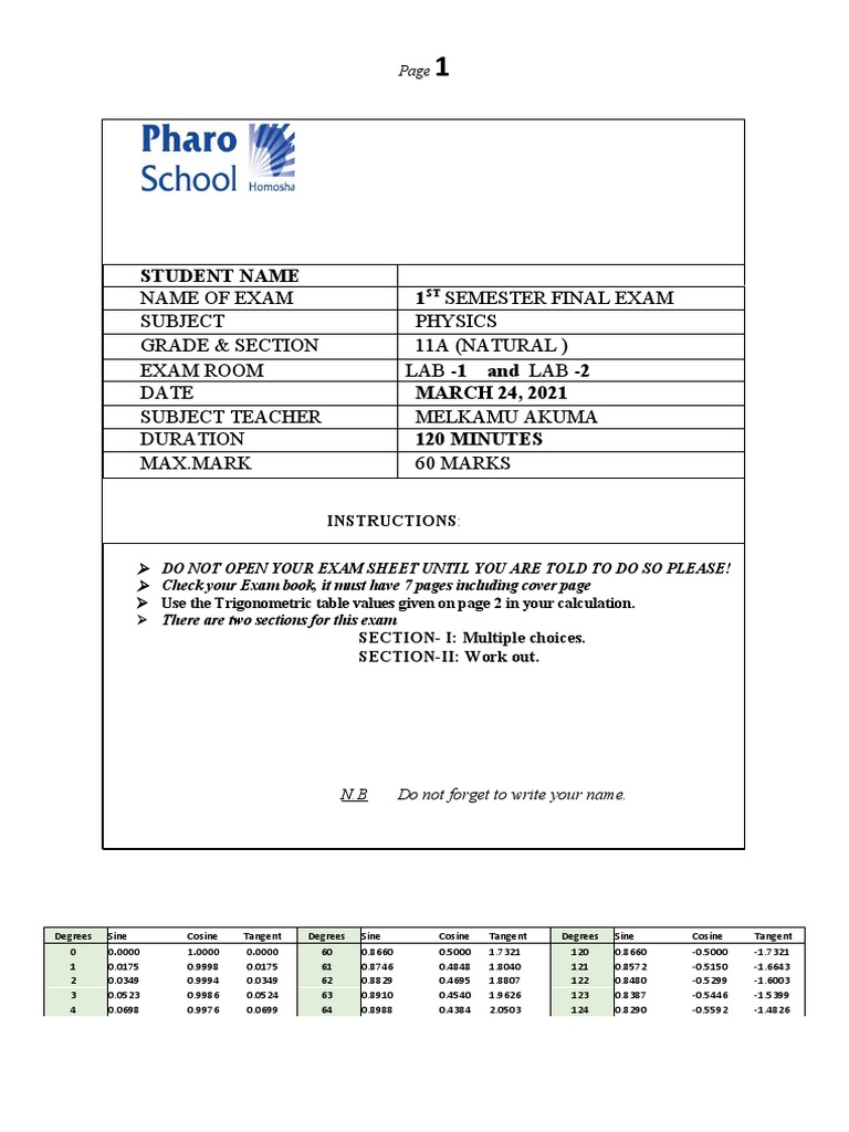 1ST Semester Final Exam Physics Grade - 11 Natural in 2021 G.C | PDF ...
