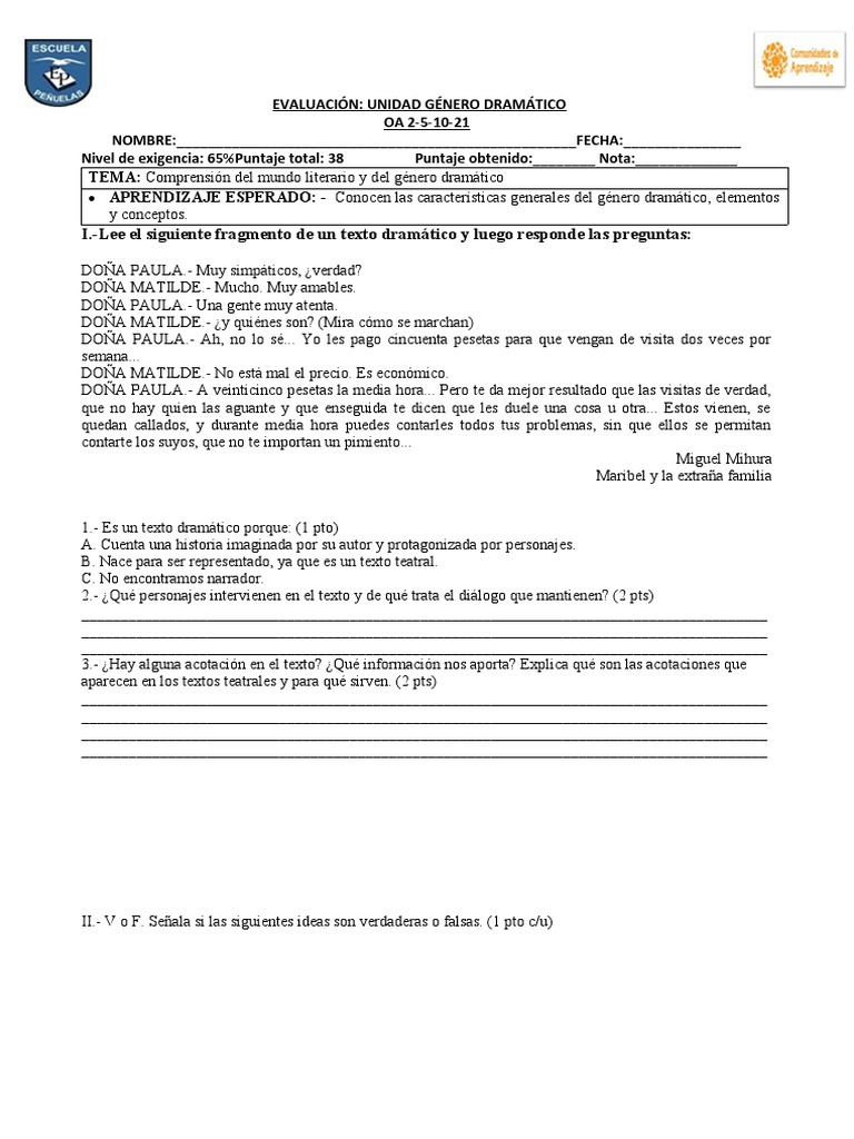 8°prueba Genero Dramatico | PDF | Teatro