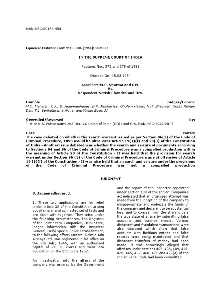 M.P. Sharma v. Satish Chandra Case Summary | PDF | Search And Seizure ...