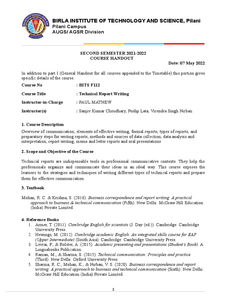 BITS F112: Technical Report Writing Course | PDF | Communication | Data