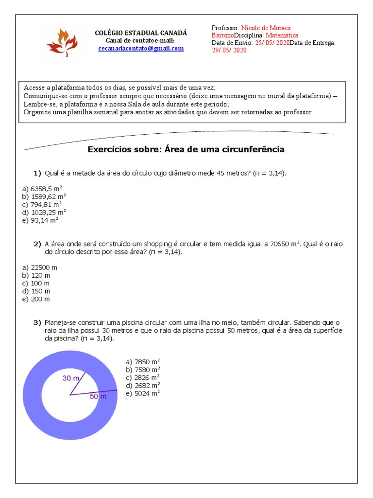 Exercícios sobre área de circunferência: cálculos envolvendo raio ...