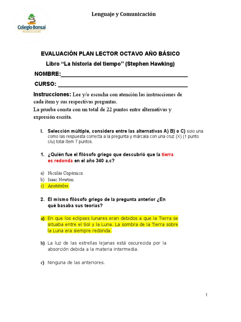 Evaluacion Plan Lector 8vo (La Historia Del Tiempo) | PDF | Luna | Dom