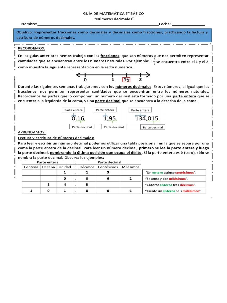Guía de Números Decimales 5° Básico | PDF | Decimal | Conceptos matemáticos