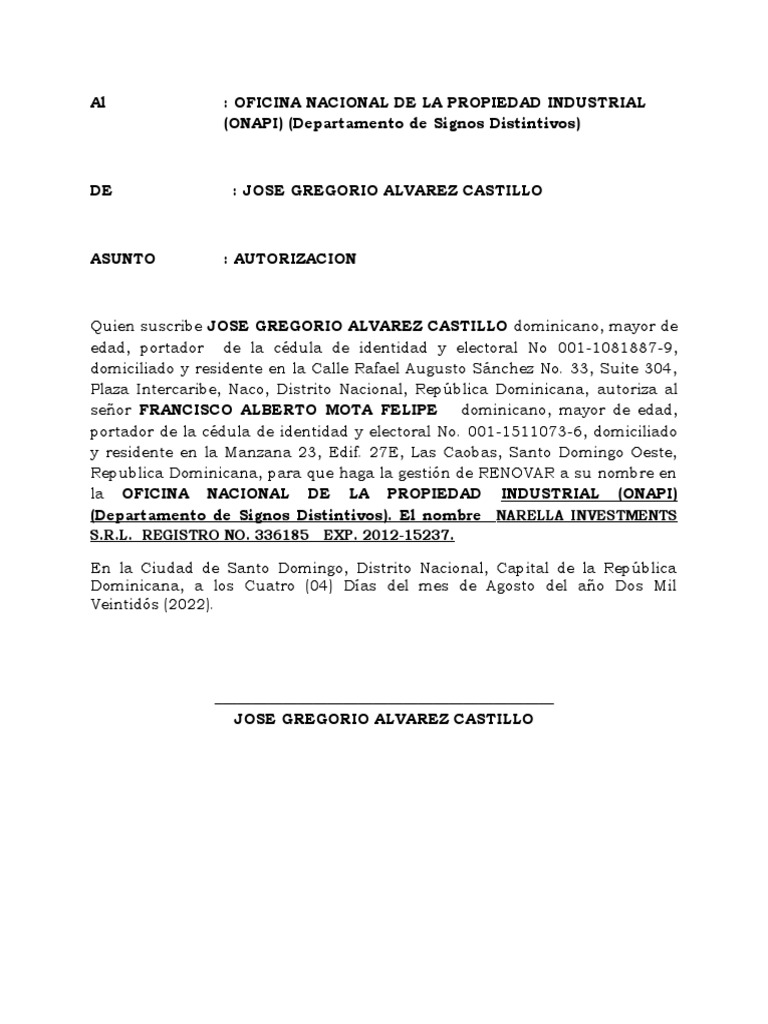 Modelo Carta Solicitud de Nombre Onapi | PDF