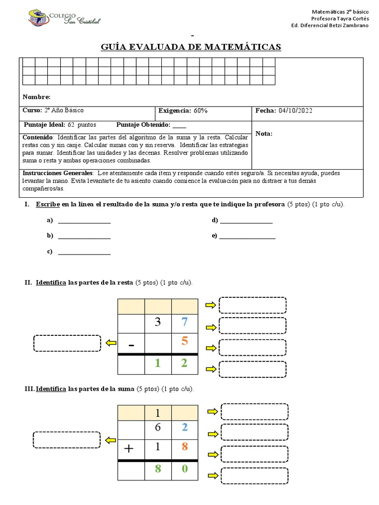 2° Guía Evaluada Sumas y Restas 04-10 | PDF | Matemáticas