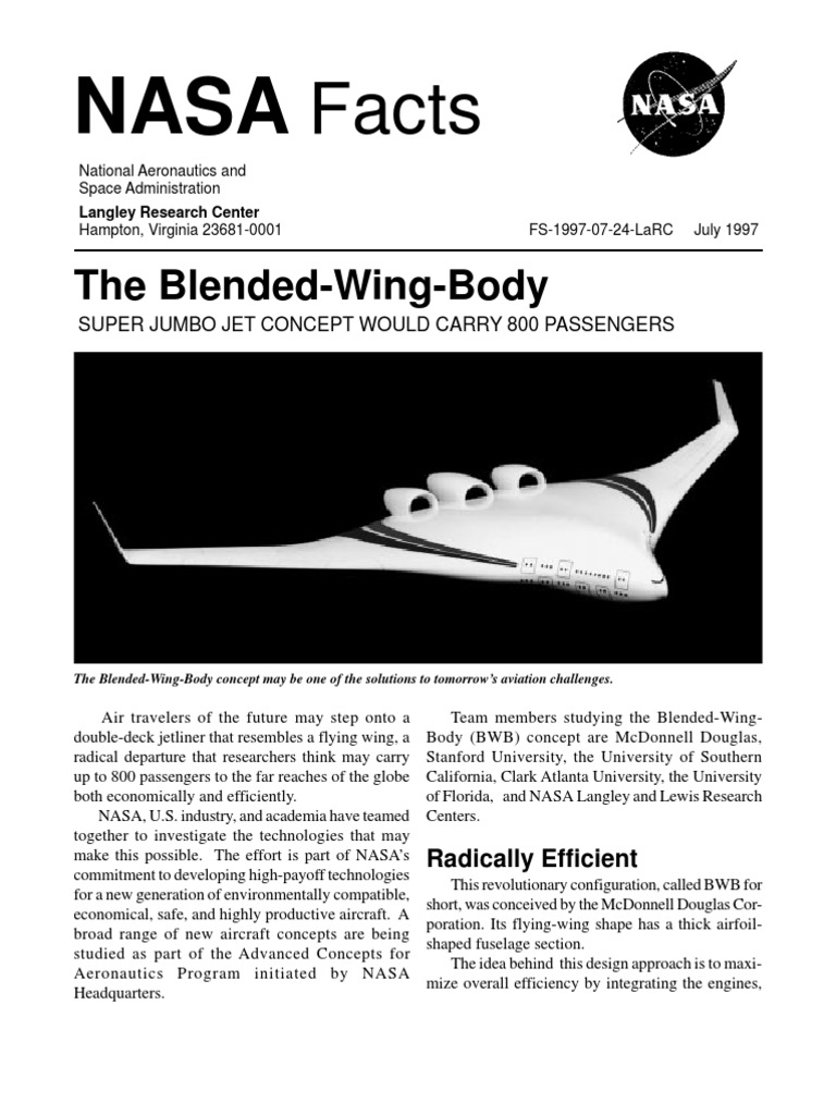 NASA Facts The Blended-Wing-Body | PDF | Aerodynamics | Aircraft